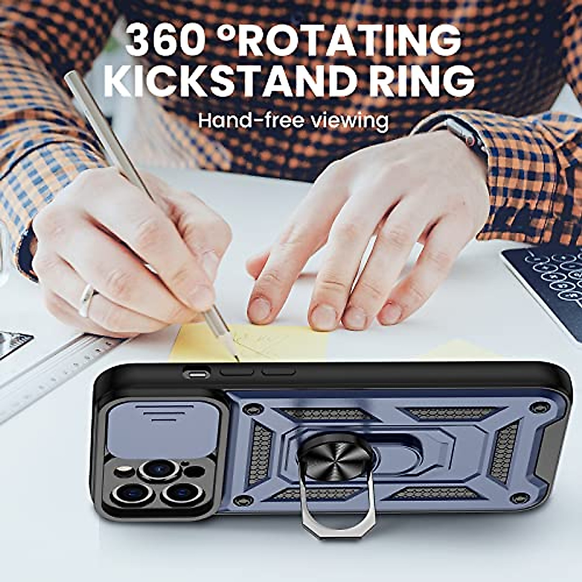 VEGO Compatible for iPhone 12 Pro Max Kickstand Case with Slide Camera Cover, Built-in 360° Rotate Ring Stand Magnetic Cover Case for Apple iPhone 12 Pro Max 6.7 inch, Blue