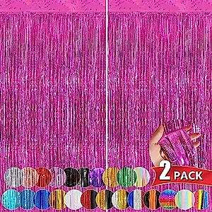Hot Pink Metallic Tinsel Foil Fringe Curtains, 2 Pack 3.3x8.3 Feet Streamer Backdrop Curtains for Birthday Party Decorations, Halloween Decor, Foil Curtain Backdrop for Bachelorette Party