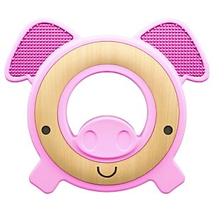 Nuby Natural Wood & Silicone Teether: Pig, 3M+, Pink (80803)