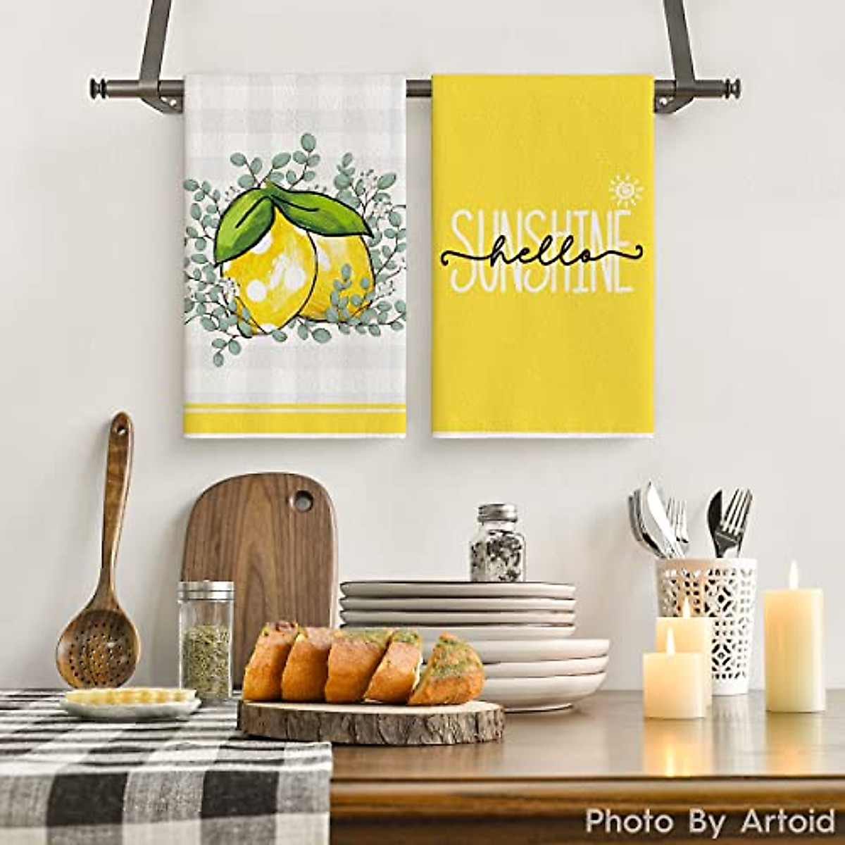 Artoid Mode Eucalyptus Leaves Lemons Summer Kitchen Towels Dish Towels, 18x26 Inch Hello Sunshine Holiday Decoration Hand Towels Set of 2