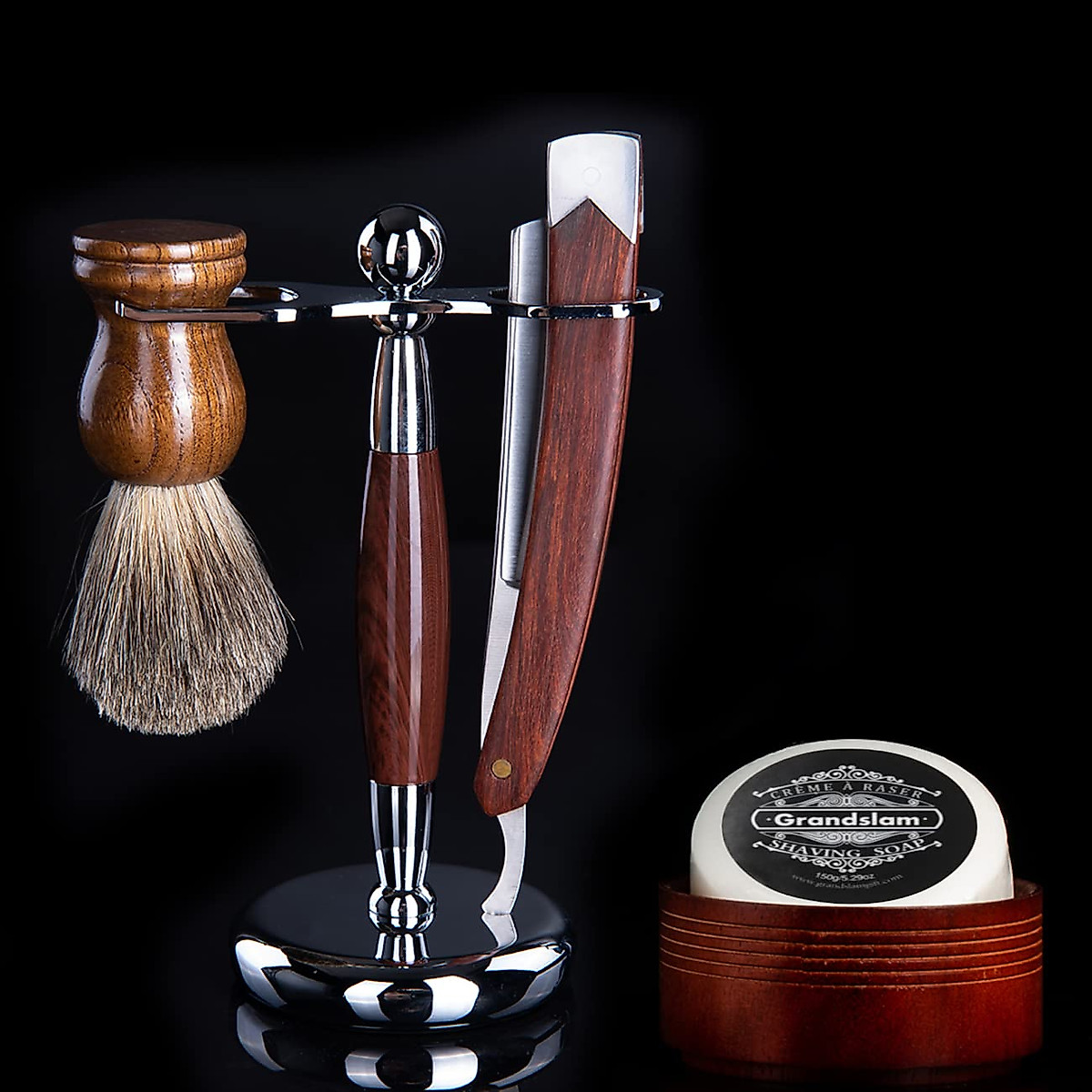 Men Straight Shaving Razor Badger Hair Brush Stand Holder Leather Strop Soap Bowl