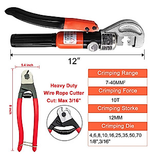 CKE Upgraded 10 Ton Hydraulic Cable Crimper Hand Tool for 1/8, 3/16 Stainless Steel Cable Railing Fittings - Heavy Duty Head with 9 Dies and Cable Cutter