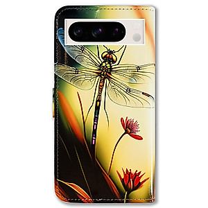 Bcov Pixel 8 Pro Case,Colorful Dragonfly Style Leather Flip Phone Case Wallet Cover with Card Slot Holder Kickstand for Google Pixel 8 Pro