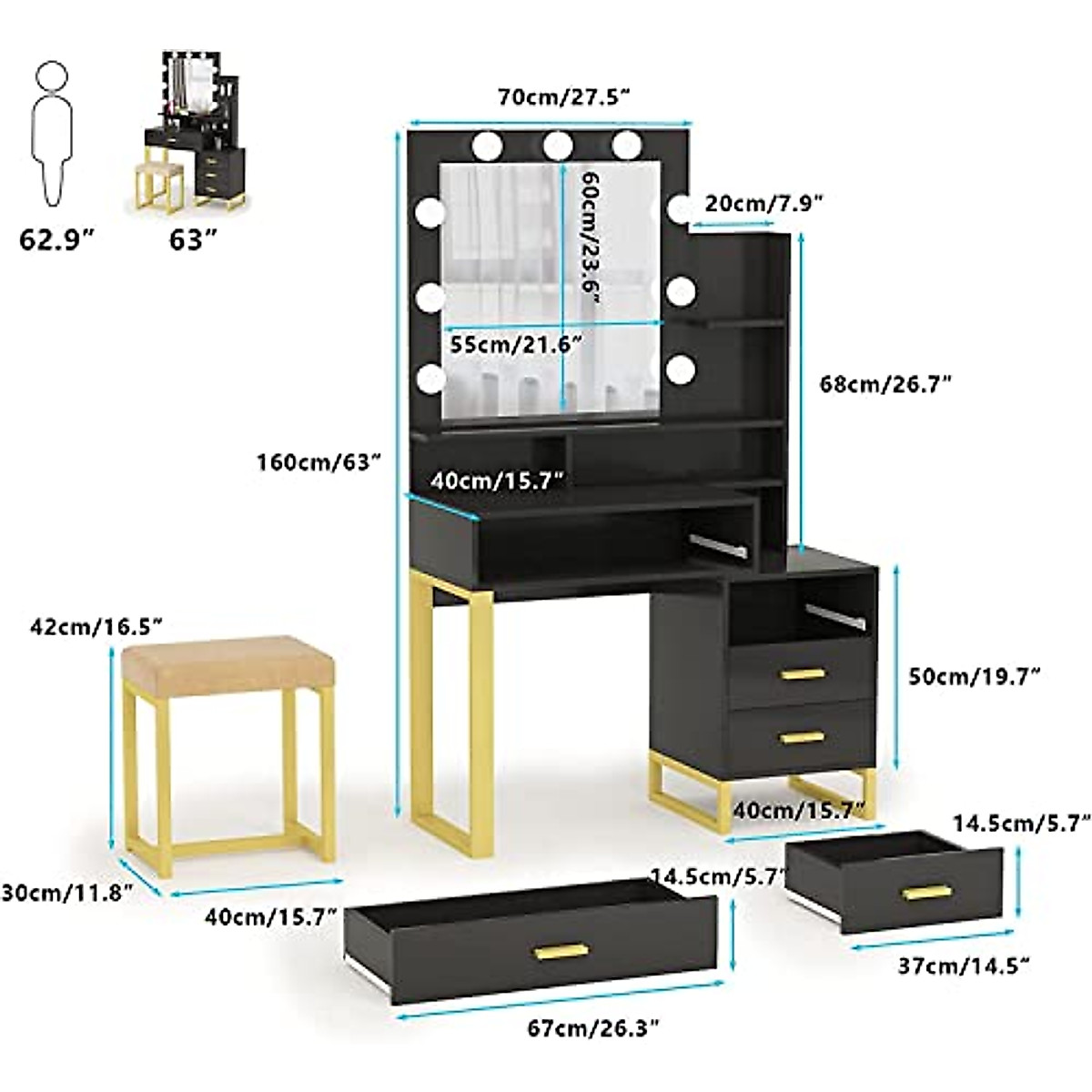 Hsozptry Vanity Set with Lighted Mirror, Makeup Vanity Table Set with LED Light, Drawers, Storage Shelves and Cushioned Stool, Small Vanity Desk for Bedroom (Black)