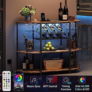 ZOPEND Wine Cabinet Coffee Table with Power Socket and LED Light, Three Tiers Coffee Bar Table Wine Rack Liqour Bar with Large Storage for Home Kitchen (Retro Brown)