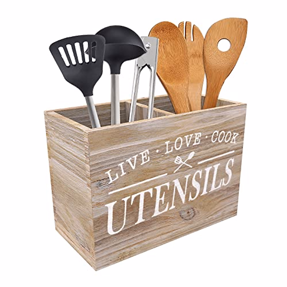 Karisky Kitchen Utensil Holder for Countertop, Farmhouse Solid Real Wood Utensil Caddy with Removable Bottom, 2 Compartments Utensil Crock Flatware Organizers for Kitchen, Nature