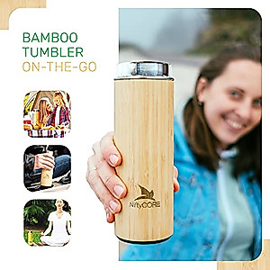 Bamboo Tumbler with Tea Infuser Bottle Loose Leaf Strainer – Advanced Double Insulated Stainless Steel Travel Thermos - Best Gift for Tea Lovers - Leak-Proof Hot Coffee Mug, Fruit Water Bottle (17 oz)