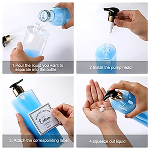 3 Pieces Pump Bottle Set, 25 oz Shampoo and Conditioner Dispenser, Plastic Refillable Soap Dispenser with 6 Label Sticker for Bathroom Lotion Body Wash(Black and Gold)