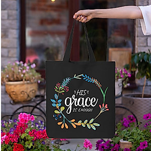 shop4ever His Grace is Enough Christian Floral Eco Cotton Tote Reusable Shopping Bag Black ECO 1