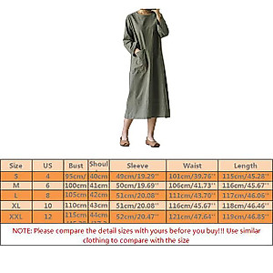 A Line Summer Dresses for Women 2023 Women Long Sleeve O Neck Solid Literary Retro Casual Dress with Pockets Army Green