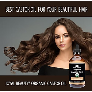 JOYAL BEAUTY Castor Oil USDA Certified Organic(4oz). 100% Pure Cold Pressed Unrefined Hexane Free Glass Bottle. Hair Eyelashes Eyebrows Lash Serum. For Face, Skin, Body, Belly Button. Free Mascara