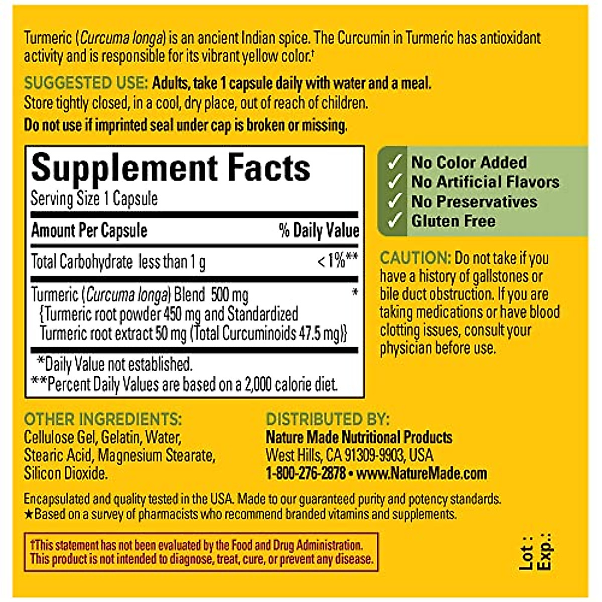 Nature Made Turmeric Curcumin 500 mg, Herbal Supplement for Antioxidant Support, 60 Capsules, 60 Day Supply