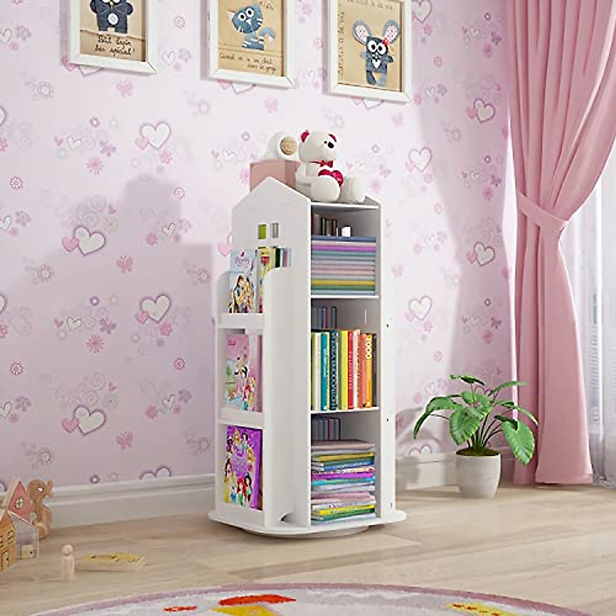 mopam 360° Rotating House Bookshelf 3-Tier Floor Standing Revolving House Bookcase Book Storage Shelf Organizer for Home Office Decor, White