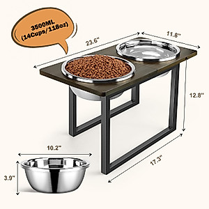 Siooko Elevated Dog Bowls for Large Dogs, Wood X-Large Dog Raised Dog Bowl Stand with Two 3.5L Stainless Steel Dog Food & Water Bowls for Extra Large Dogs Non-Slip Feet (11.8" Tall, 118 oz Bowl)