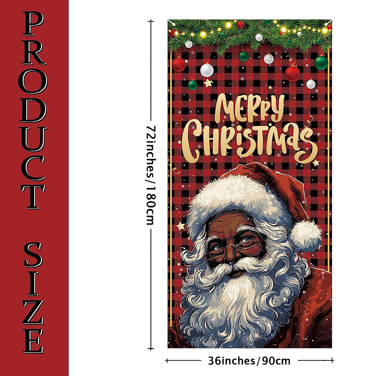 Red and Black Buffalo Check Plaid Black Santa Christmas Door Cover Merry Christmas Backdrop African American Christmas Xmas Decorations and Supplies for Home Party