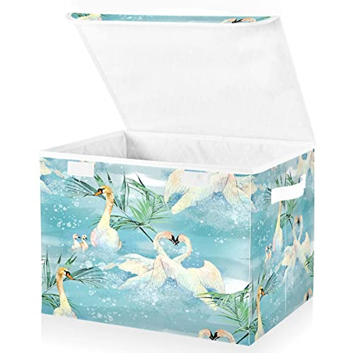 Kigai Storage Basket White Swan Watercolor Storage Boxes with Lids and Handle, Large Storage Cube Bin Collapsible for Shelves Closet Bedroom Living Room, 16.5x12.6x11.8 In