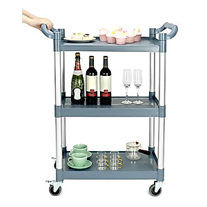 QWORK Plastic Utility Cart with Wheels Lockable, 3-Tier Rolling Push Cart Bus Cart for Restaurant, Kitchen, Gray