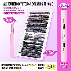 DIY Lash Extension Kit 280pcs Individual Lashes Cluster D Curl Eyelash Extension Kit 30D 40D 9-16mm Mix Lash Clusters with Lash Bond and Seal and Lash Applicator Tool for Self Application at Home (30D+40D-0.07D-9-16MIX KIT)
