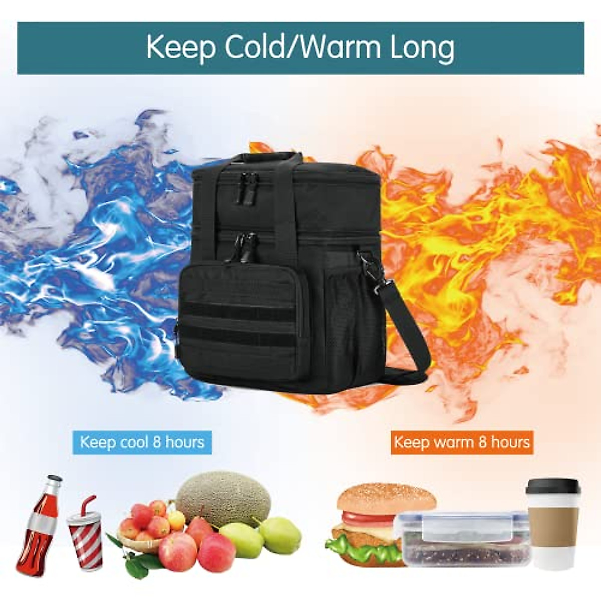 HSHRICH Tactical Lunch Box for Men, Double Deck Expandable Insulated Lunch Bag, Durable Waterproof Leakproof Cooler Bag for Adults Work, Outdoor, Picnic, Camping, 15L, Black