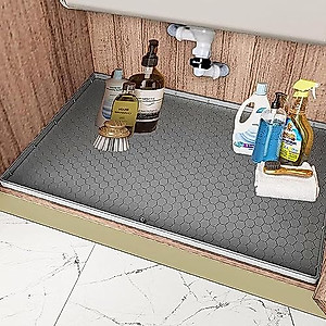 Under Sink Mat 34x22in Silicone Waterproof Mat with Drain Hole Kitchen Cabinet Liner Protector Under Sink Tray for Bathroom Kitchen
