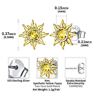 ChicSilver Citrine Earrings November Birthstone Earrings 925 Sterling Silver Sun Earrings Gold Stud Earrings for Women