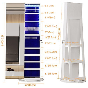 LVSOMT 360° Swivel Jewelry Mirror Cabinet with Lights, Standing Jewelry Armoire Organizer, 63" Rotatable Full-Length Mirror with Jewelry Storage, Lockable with Back Storage Shelve, White