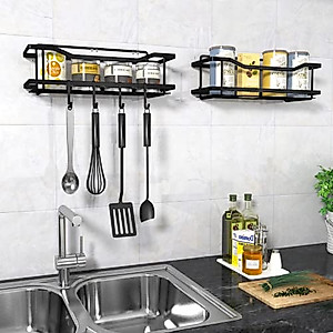 WEYEEN Shower Caddy Bathroom Shelf, No Drilling Adhesive Bathroom Storage Organizer with 4 Hooks, Rustproof Stainless Steel Shower Shelf for Inside Shower & Kitchen Storage , 2 Pack (Black)