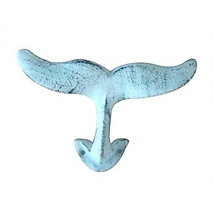 Rustic Dark Blue Whitewashed Cast Iron Decorative Whale Hook 5" - Decorative Wa