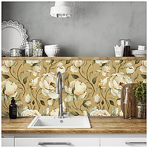 HAOKHOME Vintage Roses Floral Peel and Stick Wallpaper Peonies Removable Yellow/Beige/Olive Vinyl Self Adhesive Mural 17.7in x 9.8ft