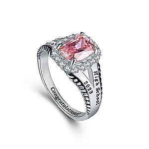 PJM Customized Sterling Silver Women’s High School Class Ring – Style Collection – Fully Personalized (Sterling Silver Platinum)