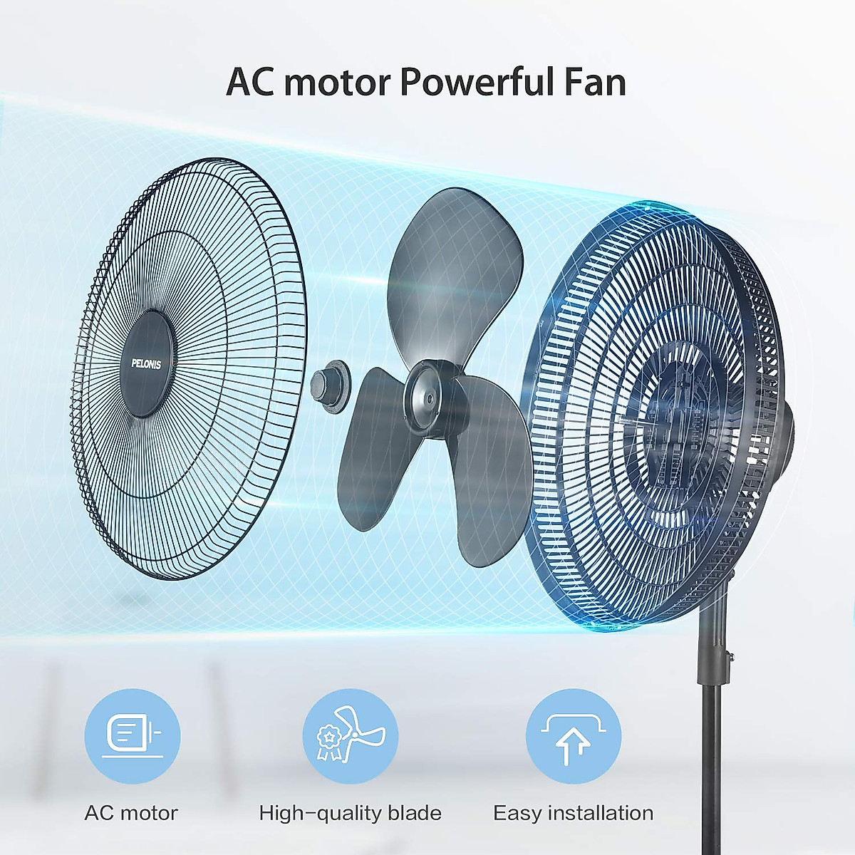 PELONIS PFS40A2ABB 16'' 3-Speed Pedestal, Standing Fan for Home and Office, 85° Oscillation and Adjustable in Height, Black, 16 Inch