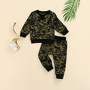 SCEINRET Baby Boys Camouflage Outfits, Long Sleeve Round Neck Sweatshirt + Elastic Waist Camo Long Trousers (Army Green, 2T)