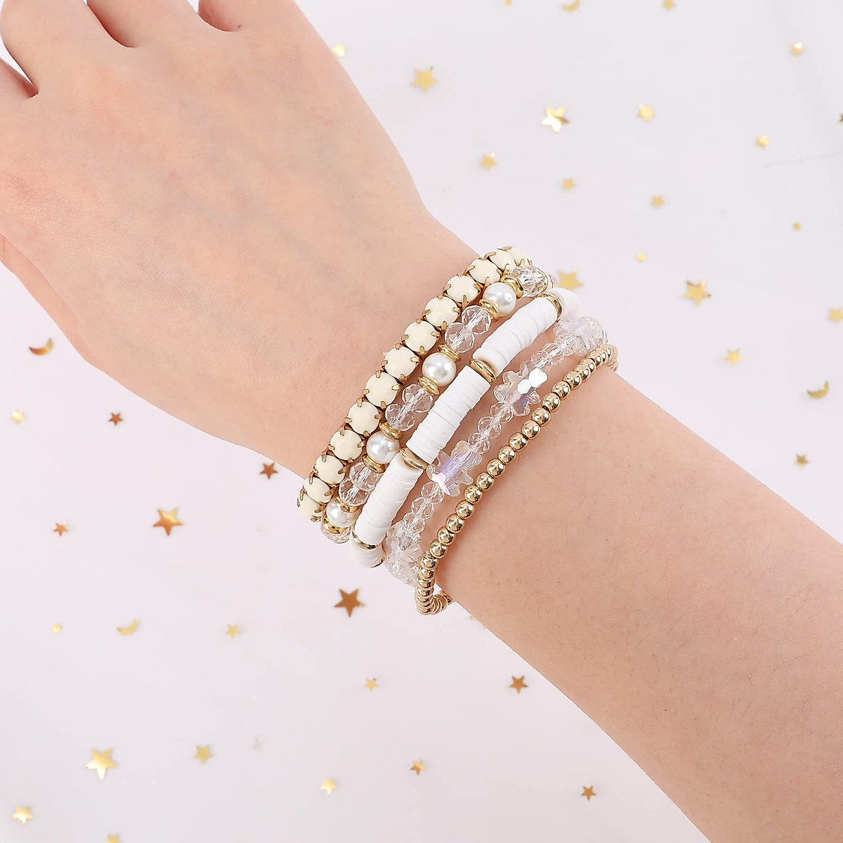 MAKERSLAND White Bracelets Cute Clay Beaded Crystal White Cute Bracelet Set for Women, 5Pcs Strand Stretch Preppy Heishi Bracelet Beach Bohemian Layering Bracelet Jewelry for Teens