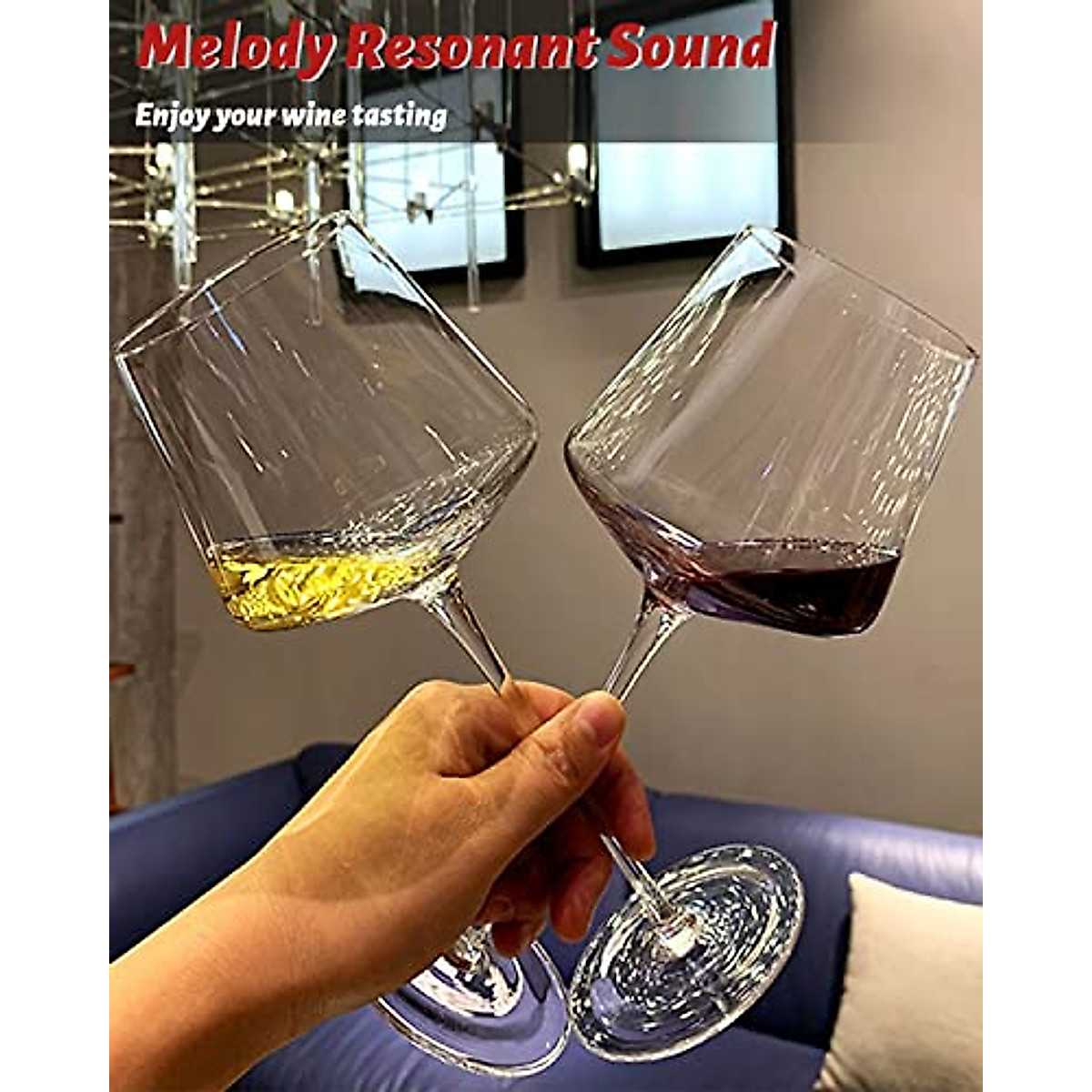 Physkoa Wine glasses set of 4 - Modern wine glasses with tall long stem, Crystal Square wine glasses with flat bottom,Big wine glasses for full-bodied wine,Wine gifts for Wedding,Bridal Shower 21OZ