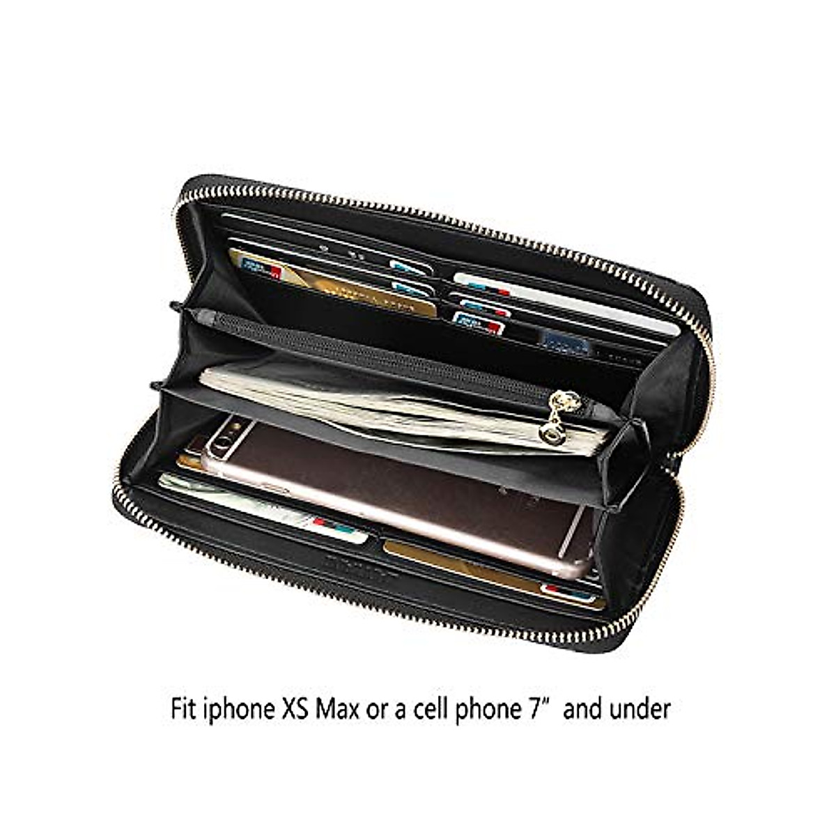 Women large Wallet soft leather wristlet Card Organizer Phone holder Ladies Clutch Long Purse with Wrist Strap Zipper around (F black) …