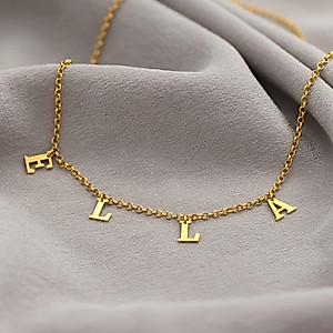 MyNameNecklace Personalized Adjustable Choker Necklace with Hanging Name Initial Letters-Custom Made Christmas Jewelry Gift (18k Gold Plating- Custom Your Own)