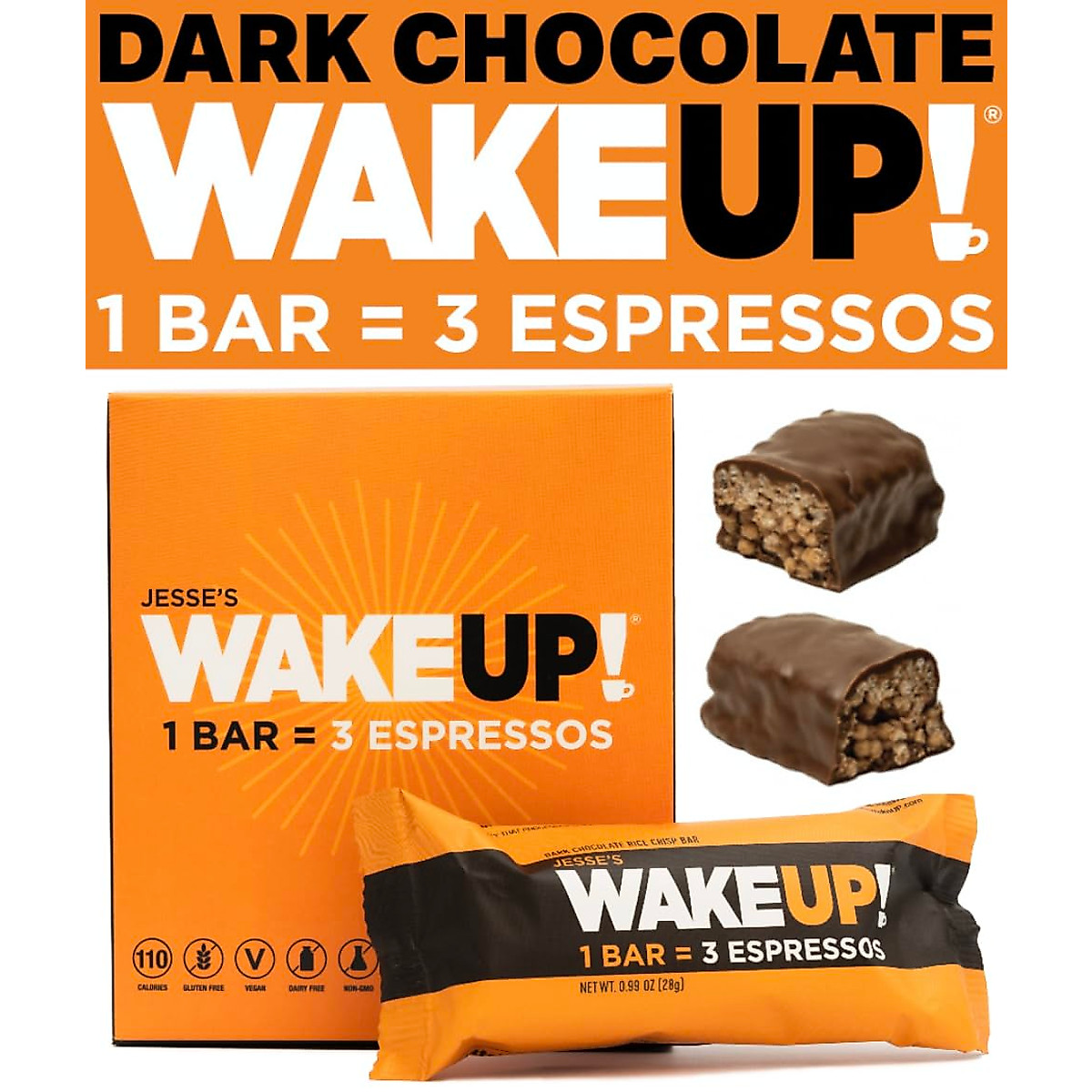 WAKE UP! Caffeinated Chocolate Protein Bars Gluten Free, Vegan, 350mg of Caffeine Energy, Kosher to help Boost Focus and Clarity (1 Bar = 3 Espressos) 6 Pack