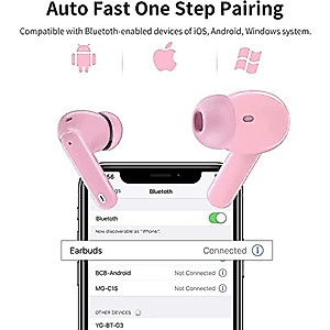 Active Noise Cancelling Wireless Earbuds in-Ear Bluetooth Headphones, IPX7 Waterproof Hi-Fi Stereo Earphones for Smart Phone Computer Laptop (Pink)