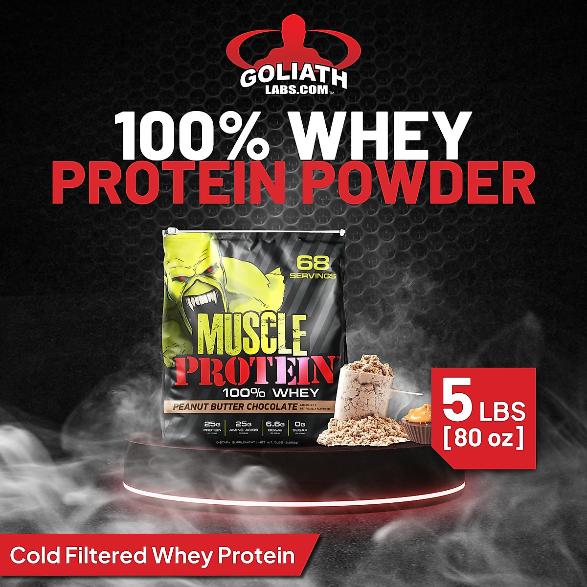 COLOSSAL LABS Muscle Protein Whey Powder [5 lbs/Pack of 1]– Cold Filtered, 25g Pure Protein, 6.6g BCAAs (Packaging May Vary) (5 Pound (Pack of 1), Peanut Butter Chocolate)
