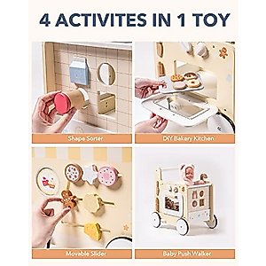 ROBOTIME Baby Push Walker Wooden Strollers,4 in 1 Multiple Activities Center Learning Activity Walker Toys, Suitable for Toddlers Kid 12Mos+ with Bakery Kitchen,Shape Sorter and Movable Slider