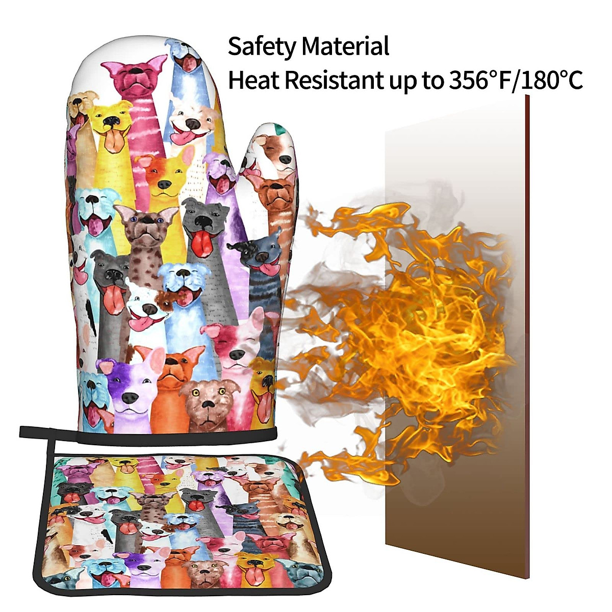 Cute American Pit Bull Terrier Dogs Puppy Lovers Colorful Tie Dye Oven Mitts and Pot Holders Sets Reusable Soft Cotton Heat Resistant Oven Gloves For Kitchen Microwave BBQ Baking Print Oven Mitt Gifts