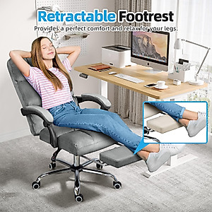 Velvet Ergonomic Office Chair with Footrest - Comfortable High Back Reclining Computer Chair for Home Office (Grey)