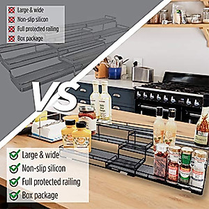 DOTORYDESIGN 3 Tier Wide Expandable Cabinet Spice Rack Organizer (14.5" to 29.1") - Step Shelf with Protection Railing, Black