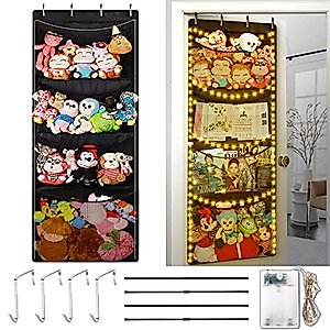 Stuffed Animal Storage with LED Light, Over the Door Hanging Stuffed Animal Holder with 5 Meters LED Fairy String, 4 Large Pockets for Stuffed Animal Storage Ideas, Nursery, Bedroom, Kids Room