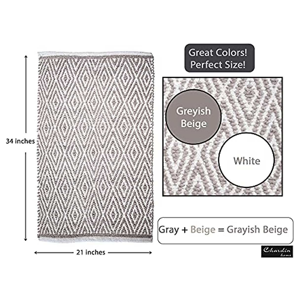 Chardin home 100% Cotton Diamond Rug Fully Reversible - Mat Size 21''x34'', Machine Washable, Greyish Beige & White