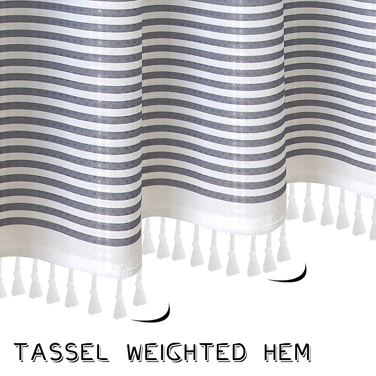 Modern Farmhouse Shower Curtain Set with 12 Hooks Grey Striped Fabric Waffle Shower Curtains Cloth for Bathroom Tassel Fringe Gray Boho Washable Shower Curtain Water Repellent Black Grey 72x78 Inch