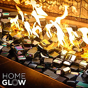 HOMEGLOW Fire Glass Cubes. Black Reflective Luster. Premium Tempered Square Glass Beads for Outdoor Fire Pit, Fire Table or Indoor Fireplace, Gas or Propane. 10 Pounds.