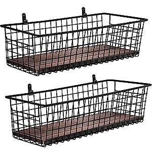 2 Set [Extra Large] Portable Metal Farmhouse Wall Decor Storage Organizer Basket Bin with Handles and Floating Shelves for Hanging in Bathroom,Kitchen,Office-Wall Mount Hooks Included (2, Black)