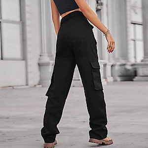 CRAZY ROSA Casual Cargo Pants Women Parachute Y2K Hiking Work Tactical Military Baggy High Waist Belt 6 Pockets Relaxed Fit Black XXL