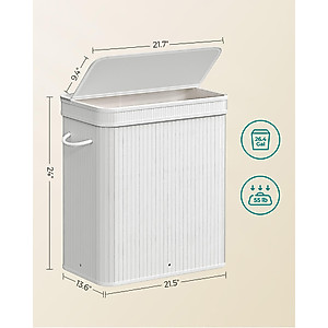 SONGMICS Laundry Hamper with Lid, Bamboo Laundry Basket, Removable Machine Washable Laundry Basket, with Handles, 26.4-Gallons, for Laundry Room, Bedroom, Bathroom, Cloud White ULCB063W01